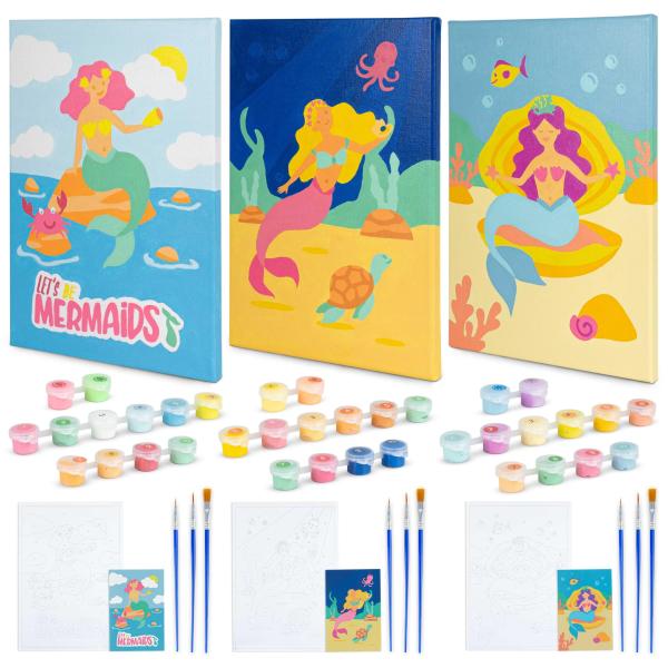 ・PAINT BY NUMBERS KIT FOR KIDS OF MERMAIDS - This pack of 3 paint by number kits contains the following for each set: 1 ...