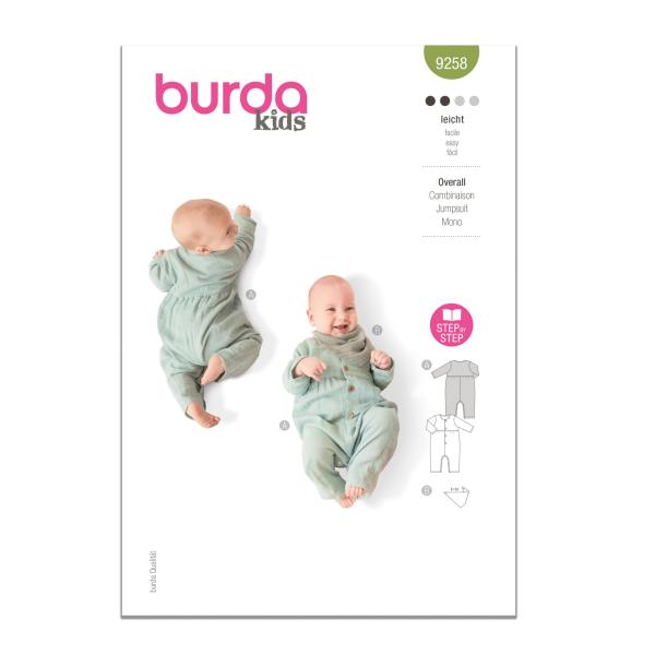 ・Burdaパターンキットには、パターンピース、ステップバイステップの説明書（文章・図解）、生地・トリムの選び方、サイズ情報が含まれています。\n・赤ちゃんサイズ1M〜3（56〜98）に対応した型紙です。\n・実用的で快適な、内側に脚留め付...