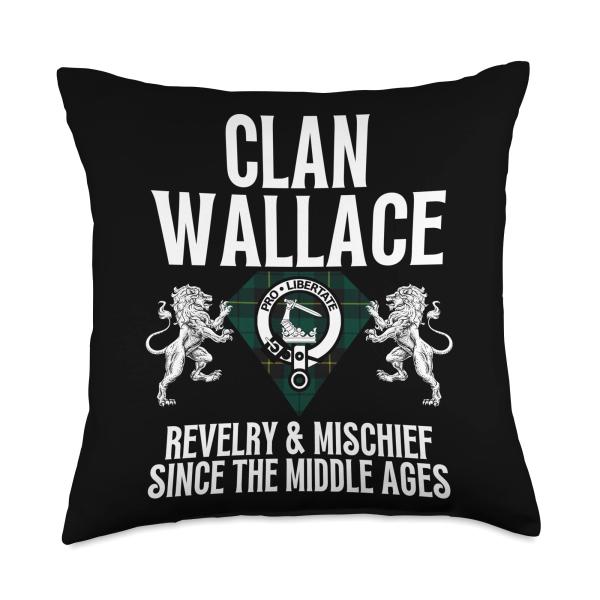 ・Wallace Clan Coat Of Arms On a Wallace Hunting Scottish Tartan Background, with text that says: Revelry and Mischief Si...