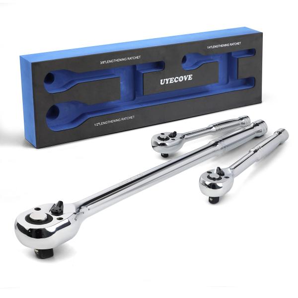 ・?【Three Size for Work】UYECOVE 1/4", 3/8", 1/2" drive long ratchet sets, the lengths are 15''/38cm'', 7.9''/20cm, 5.9''/...