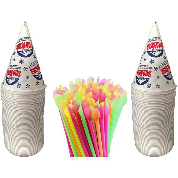 ・Concession Essentials 100 Count 6oz Snow Cone Cups with 100 8" Neon Spoon Straws・100 Count Snow Cone Cups and 100 Count...
