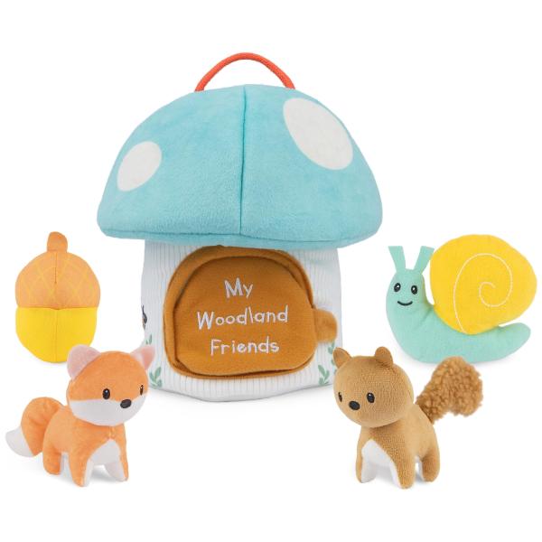 ・PLUSH FOREST PLAYSET: This soft playset features a 7.5" teal mushroom house which stores 4 soft sensory toys: plush squ...