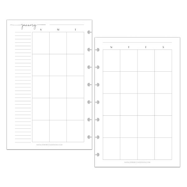 ディスク式ノートブック（Levenger Circa・Happy Planner・Staples Arc・TUL・Ink+Volt等）対応の日付なし月次カレンダーリフィル。いつでも使い始められる日付なし設計で、月ごとに個別のタイトルページ付き。