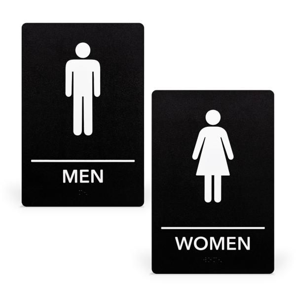 ExcelMark製の業務用トイレサインです。ADA（米国障害者法）準拠の点字・浮き彫りアイコン・浮き彫り文字を搭載。黒地に白い太文字で視認性が高く、取り付けは両面テープで1分以内に完了します。男性用・女性用・ユニセックスなど複数スタイルか...