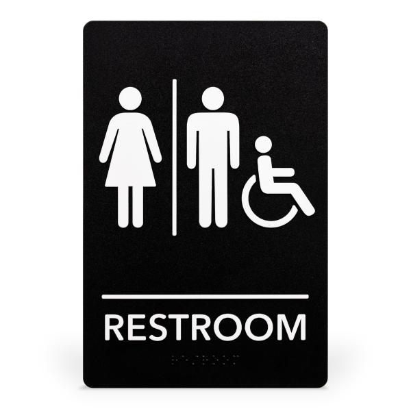 ExcelMark製の業務用トイレサインです。ADA（米国障害者法）準拠の点字・浮き彫りアイコン・浮き彫り文字を搭載。黒地に白い太文字で視認性が高く、取り付けは両面テープで1分以内に完了します。男性用・女性用・ユニセックスなど複数スタイルか...