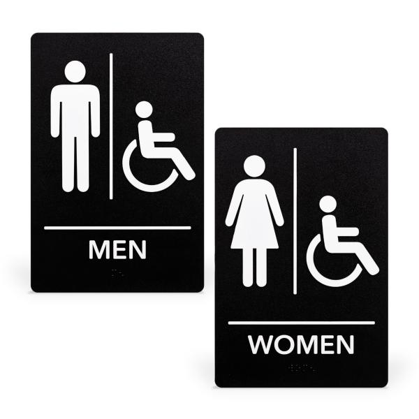 ExcelMark製の業務用トイレサインです。ADA（米国障害者法）準拠の点字・浮き彫りアイコン・浮き彫り文字を搭載。黒地に白い太文字で視認性が高く、取り付けは両面テープで1分以内に完了します。男性用・女性用・ユニセックスなど複数スタイルか...