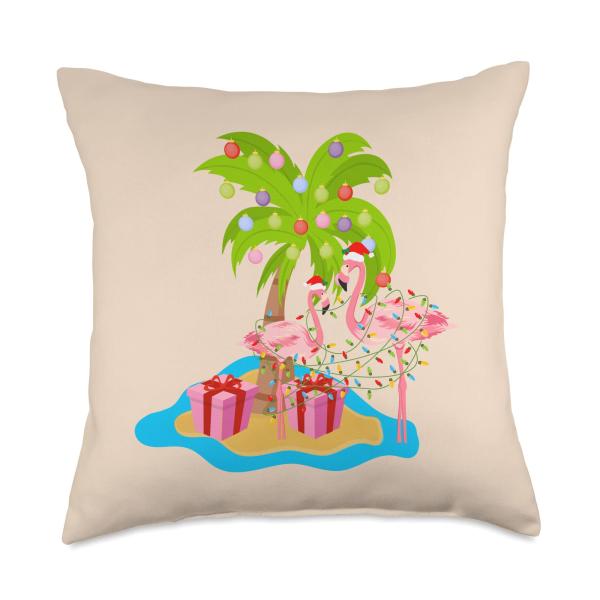 ・This fun and tropical style Christmas design features flamingos wrapped in Christmas lights with Santa hats standing on...