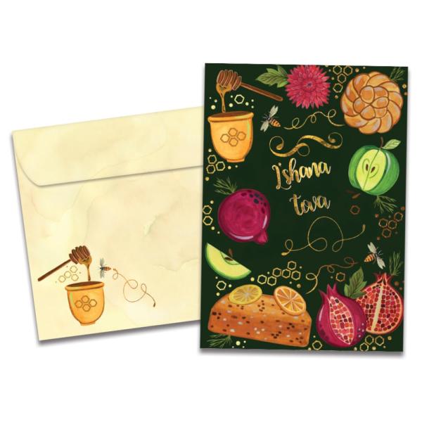 ・内面の挨拶:あなたに良い、甘い年を願っています | 表紙の挨拶:L'shana tova。 内側も外側も美しくデザインされたカードです。 内側のカバーアートが手書きのメッセージを引き立てます。 封筒はお揃いのデザインで印刷されています。 ...