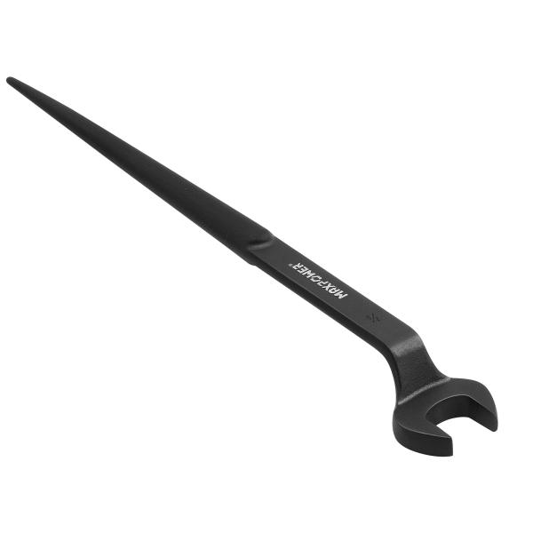 MAXPOWER製スパッドレンチ（スパッドタイプ）。7/8インチ開口、60°オフセット設計で全長約349mm。鍛造合金鋼製・黒リン酸塩処理仕上げ。テーパー状ハンドルがボルト孔の位置合わせに最適で、鉄骨工事・建設現場の鉄骨組み立てに適しています。