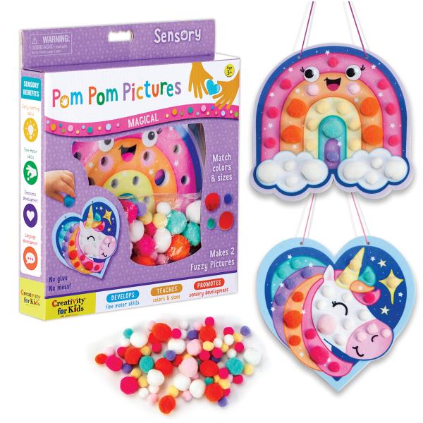 ・POM POM PICTURES - Use colorful pom poms to create your own fuzzy pictures in a unicorn and rainbow design! Simply inse...