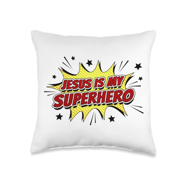 ・"JESUS IS MY SUPERHERO", kids and adults Christian faith inspirational quote. Featuring colorful red/yellow cartoon com...