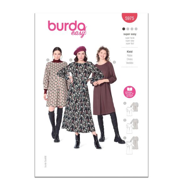 ・Burda パターンキットにはパターンピース・ステップバイステップのイラスト付き説明書・生地・トリム選び情報・サイズ情報が含まれます。・ミスサイズ 8-22（34-48）対応。・ジップ不要のシックなドレス。ゆったりフィット＆浅いネックライ...