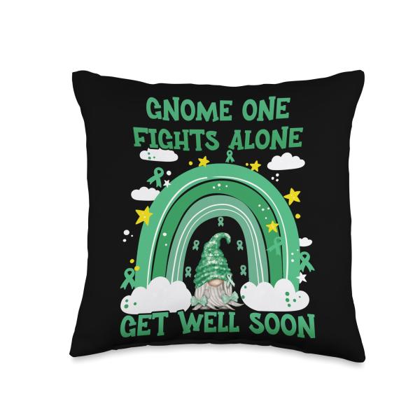 ・Design shows emerald green colored cancer gnomes with ribbons and reads: "Gnome one fights alone. Liver Cancer Awarenes...
