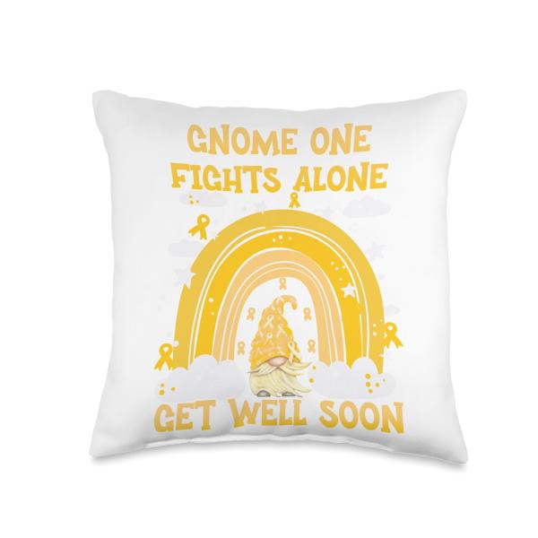 ・Design shows golden colored cancer gnomes with ribbons and reads: "Gnome one fights alone. Childhood Cancer Awareness"....