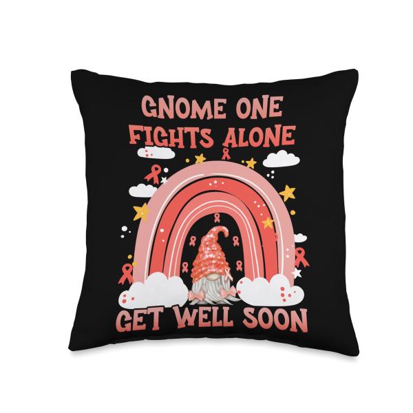 ・Design shows peach colored cancer gnomes with ribbons and reads: Gnome one fights alone get well soon foe uterus Cancer...