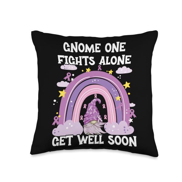 ・Design shows purple colored cancer gnomes with ribbons and reads: Gnome one fights alone. Get well soon. For Pancreatic...