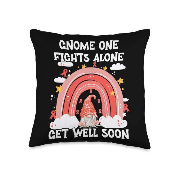 ・Design shows peach colored cancer gnomes with ribbons and reads: Gnome one fights alone get well soon foe uterus Cancer...