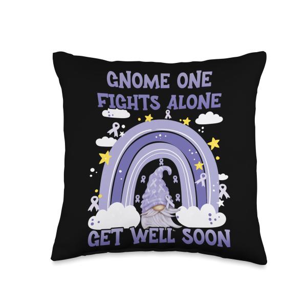 ・Design shows periwinkle blue colored cancer gnomes with ribbons and reads: Gnome one fights alone. Get Well Soon. For S...