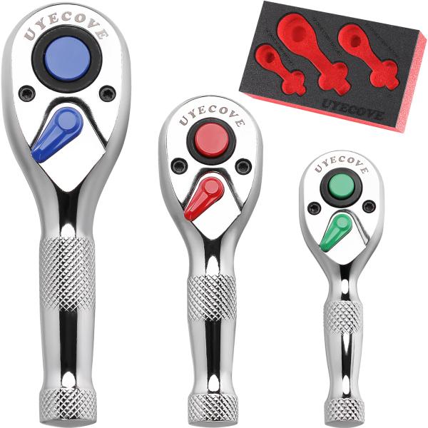 ・?【Three Size for Work】UYECOVE 1/4", 3/8", 1/2" drive stubby ratchet sets, the lengths are 3.54'',4.02'', 5.2'' respecti...