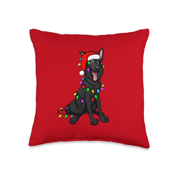 ・Christmas themed cartoon drawing of a black german shepherd wearing a Santa hat and wrapped in Xmas lights getting into...