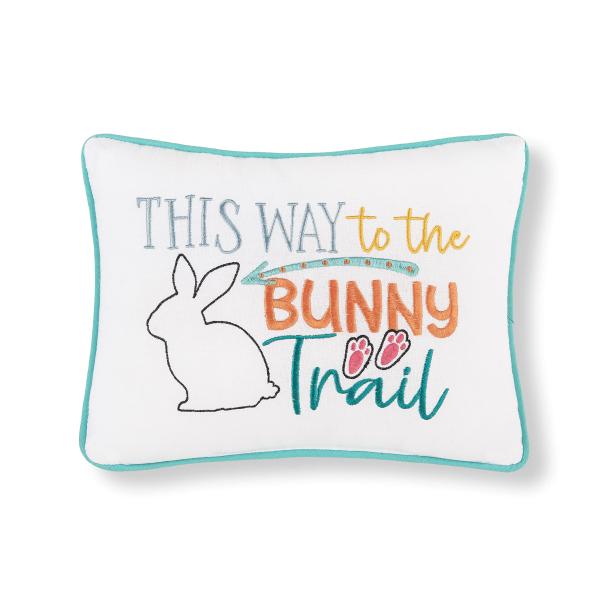 ・DESIGN: Charming embroidered pillow features playful text reading "THIS WAY to the BUNNY Trail" in coordinating colors ...