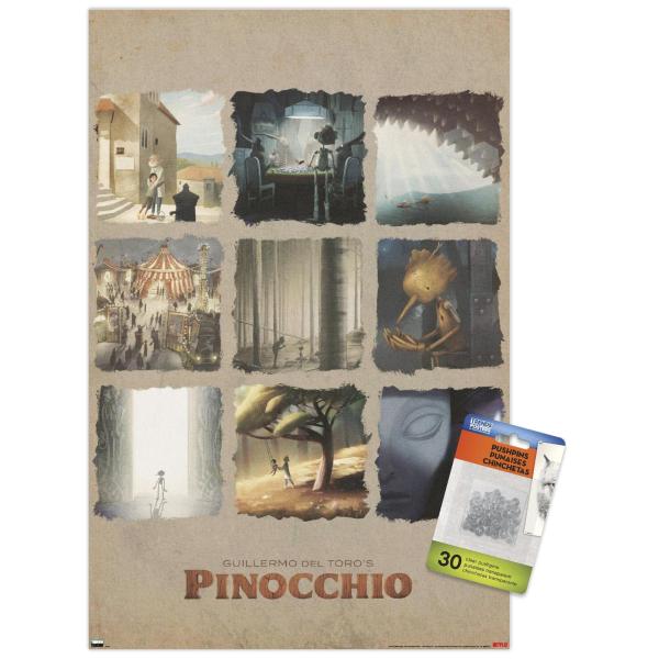 ・THIS TRENDS NETFLIX GUILLERMO DEL TORO'S PINOCCHIO - GRID WALL POSTER uses high-resolution artwork and is printed on Ph...