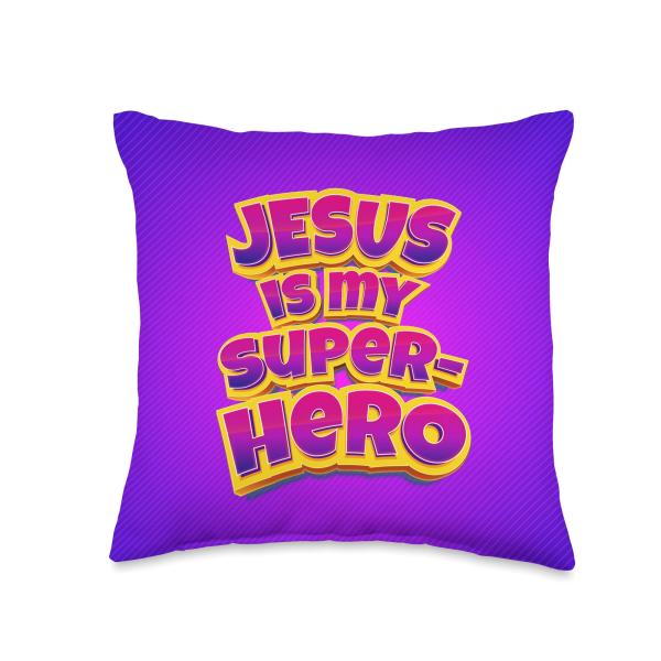 ・"JESUS IS MY SUPERHERO", women and girls Christian faith inspirational quote. Featuring colorful red/yellow cartoon com...