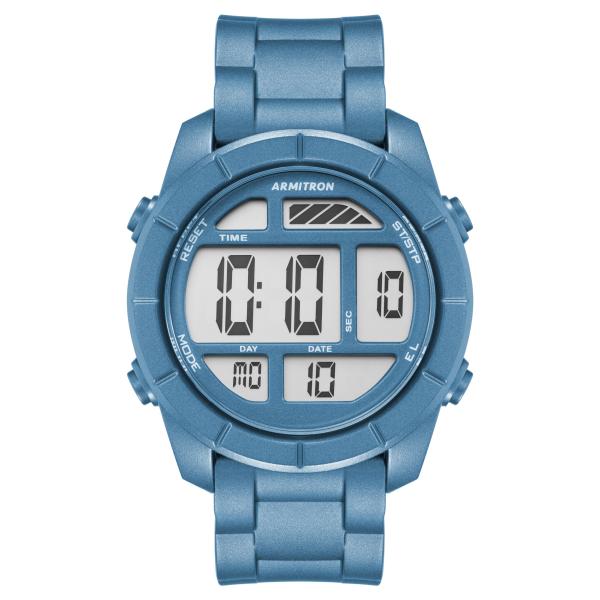 ・Metallic blue resin case and top ring・LCD display with time, seconds, day and date・Functions include: chronograph, lap ...