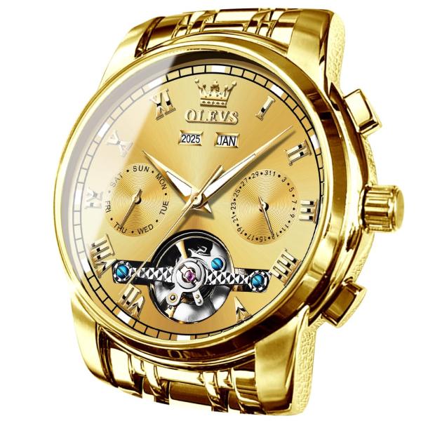 ・【Mens Gold Watch】Automatic mechanical movement with analog display; skeleton dial cut out allows you to see the inner w...