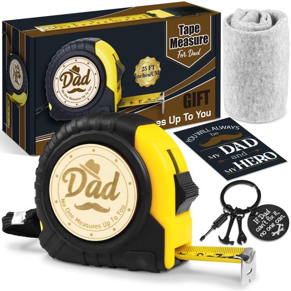 ・Package includes - You will get a 25FT tape measure with "Dad No One Measures Up To You" + a pair of socks + a keychain...