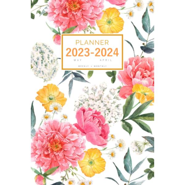 2023年5月から2024年4月をカバーするウィークリー＆マンスリー手帳。ホワイトを基調にしたピオニー花柄カバーが上品な6x9インチサイズ。週間・月間ビューでスケジュールを効率よく管理できるシステム手帳です。