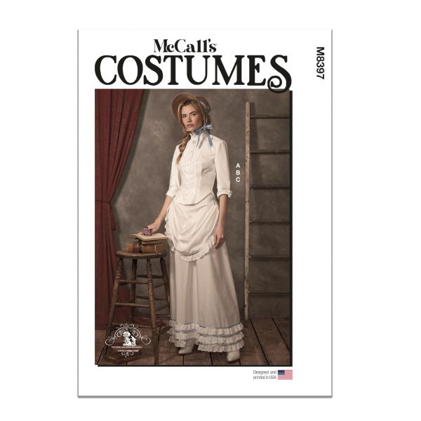 ・McCall's ソーイングパターンパケット。縫製テンプレート、推奨生地、パターンピース、サイズガイド、説明書（英語）が付属します。・対応サイズ：ミスサイズ18・20・22・24・26。・1840年代風オールドウエストの衣装。トップは前面...