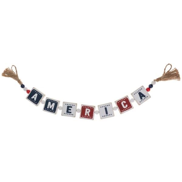 ・VIBRANT PATRIOTIC COLORS Wooden bead garland is adorned with red, white, and blue squares that spell out: AMERICA・DIMEN...