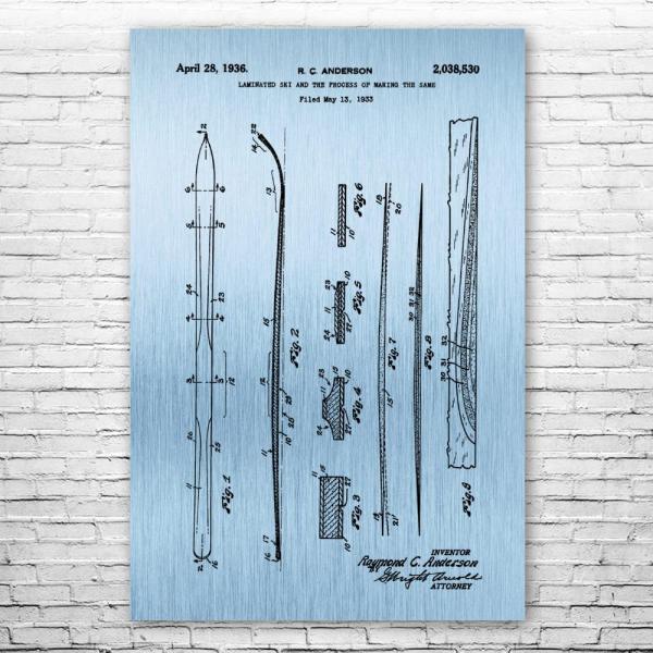 ・5" x 7" poster print featuring a Snow Ski patent illustration on a Blue Steel style background. Designed by Patent Eart...
