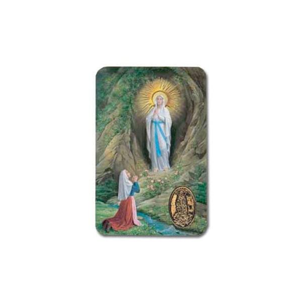 ・Design and Style; Laminated holy card with gold foil embossed medal design. The back of the holy card card has a prayer...