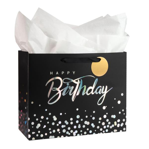 ・FEATURES: gift bag with the colorful greeting "happy birthday", lettering on a black background, comes with nice ribbon...