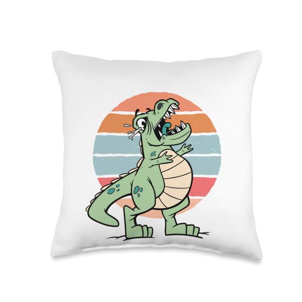 ・A comical green dinosaur with a large belly appears startled, standing on two legs with its mouth wide opens and its to...