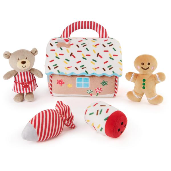 ・PLUSH GINGERBREAD HOUSE PLAYSET: This playset features a 7.5" gingerbread house which stores 4 soft sensory toys for li...