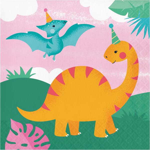 ・16 Girl Dino Party Napkins・Decorative cocktail napkins measure 6.5"・Premium 2-ply cocktail napkins featuring friendly o...