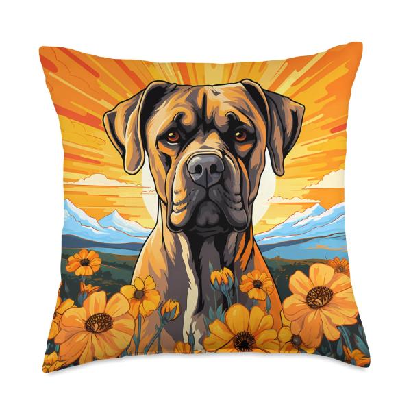 ・A cute Mastiff puppy dog in a colorful flower meadow with a beautiful mountain sunset in the background. Makes a great ...