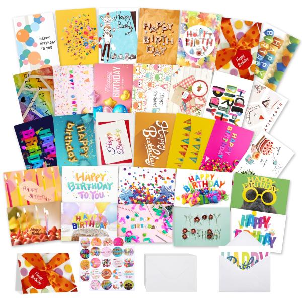 ・?32 UNIQUE SETS OF HAPPY BIRTHDAY CARDS AND ENVELOPES: 32 beautiful birthday cards are 4 "x 6" in size, paired with 32 ...