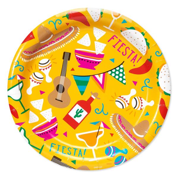 ・36 large round plates・Measures 7 in. x 7 in.・Made in the USA・Features a fun sombrero-wearing cactus surrounded by trian...