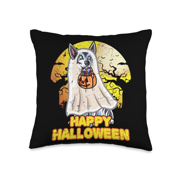 ・Alaskan Malamute Happy Halloween Costume Ghost design shows a too cute to spook dog wearing a boo halloween costume wit...