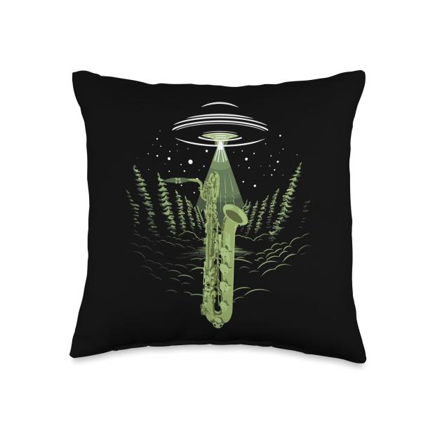 ・The aliens are here, and they're coming for our saxophones! This funny design shows a UFO spaceship abduction of a bari...