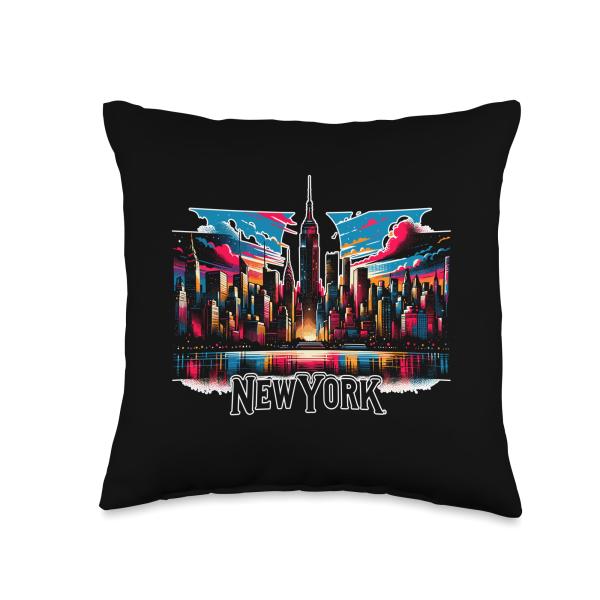 ・Bold city skyline artwork for men women kids who love New York City, urban vibes, colorful night skylines, iconic skysc...