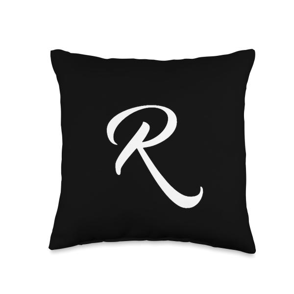 ・This alphabet theme design shows the letter R in white fancy romantic cursive font on a black background. Simple and el...