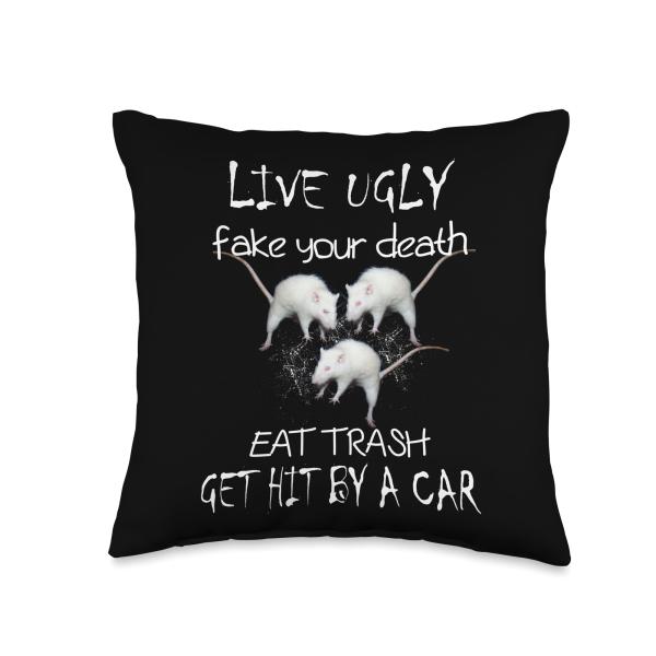・Classy Sassy Opossum Graphic Designer T-Shirt Which Features The Head Of An Opossum With Slogan "Live Ugly Fake Your De...