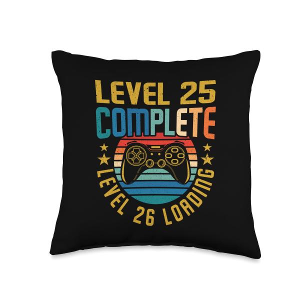 ・Level 25 complete level 26 loading 25th birthday video gamer design shows a calssic video console controller with retro...