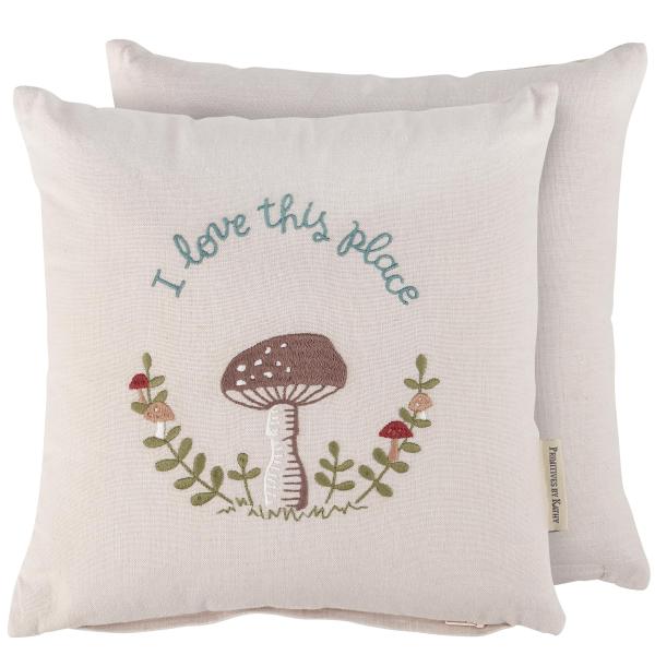 ・DECORATIVE PILLOW: Soft cotton-linen blend pillow displaying an embroidered design of cozy mushroom and wildflowers・NAT...