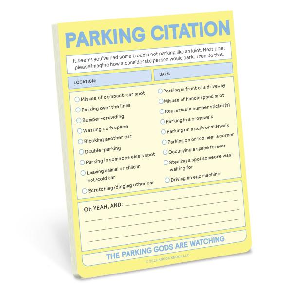 ・Strike a blow for curbside justice with the Knock Knock Parking Citation Nifty Note-spiffed up and back by popular dema...